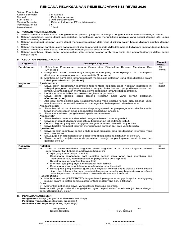 Rencana Pelaksanaan Pembelajaran K13 Revisi 2020 | PDF