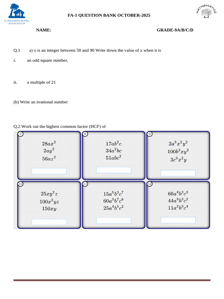 Grade 9A/B/C/D FA-1 Question Bank | PDF