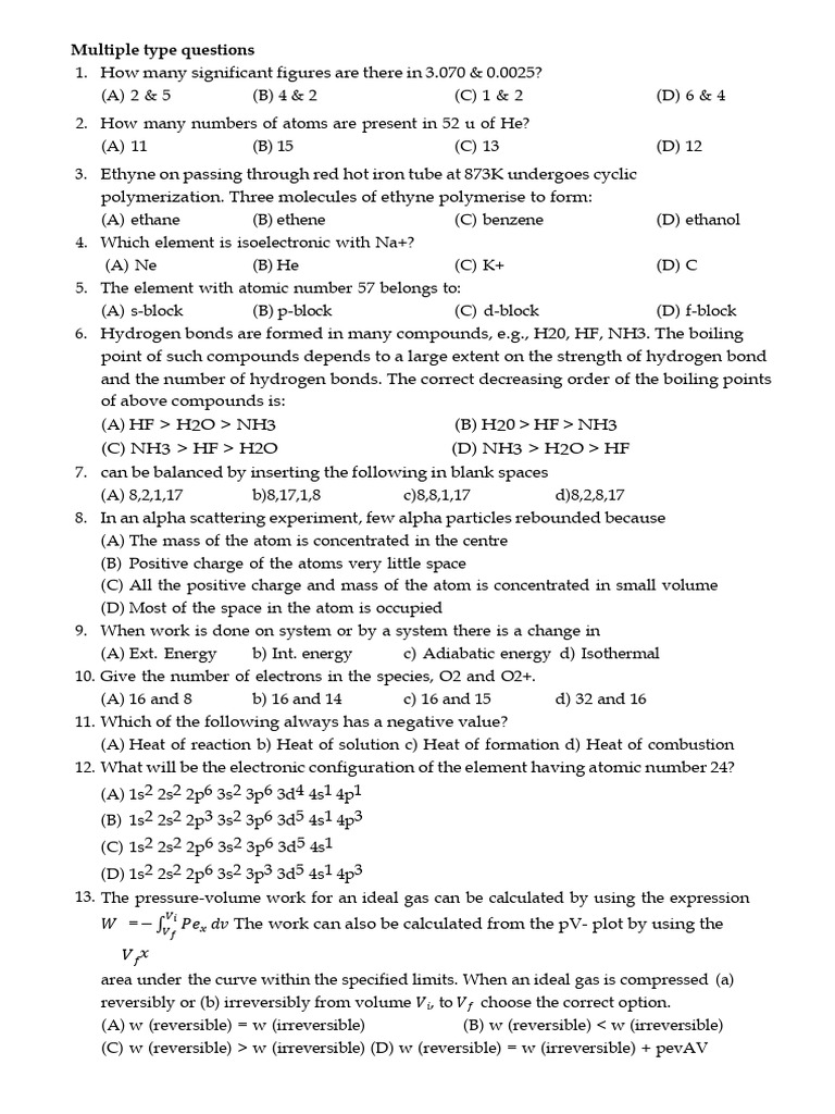 Chemistry Multiple Choice Questions | PDF | Chemical Reactions | Redox