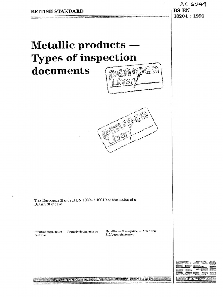 BS EN 10204 - 1991 Metallic Products - Types of Inspection Documents | PDF