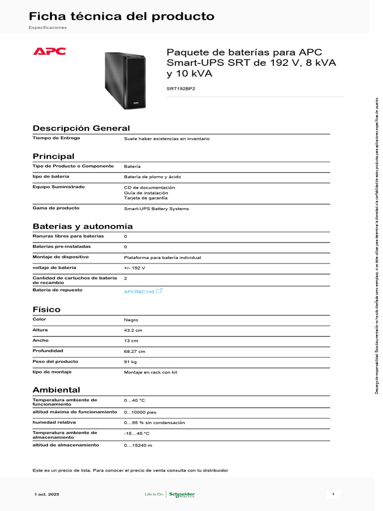 Schneider Electric APC Sistemas de Baterías de SmartUPS SRT192BP2 | PDF ...