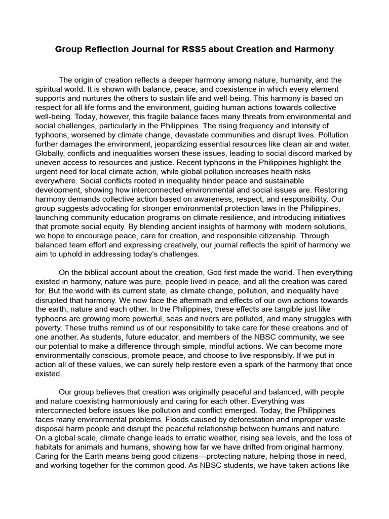 Reflection Journal About Creation and Harmony | PDF | Sustainability ...