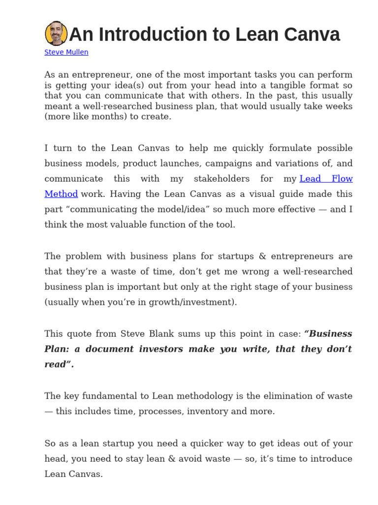 Introduction to Lean Canvas for Startups | PDF | Lean Startup | Startup ...