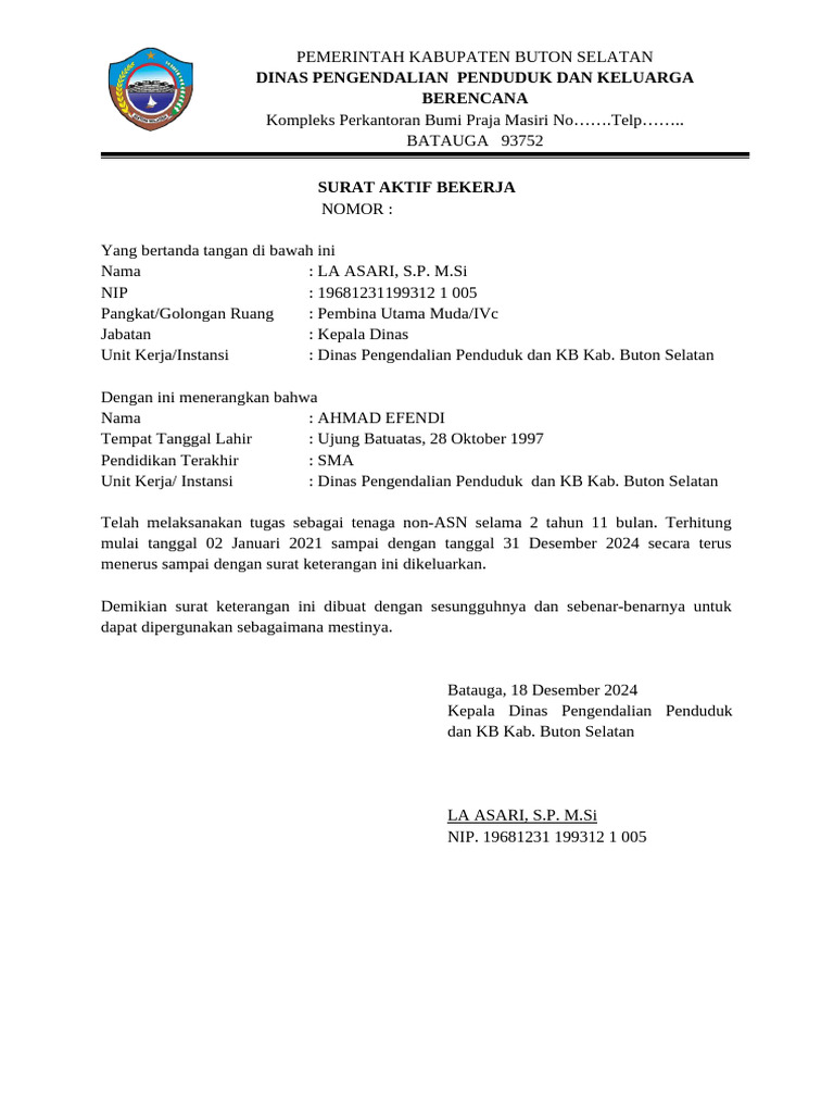 Surat Aktif Bekerja Dinas KB Buton Selatan | PDF