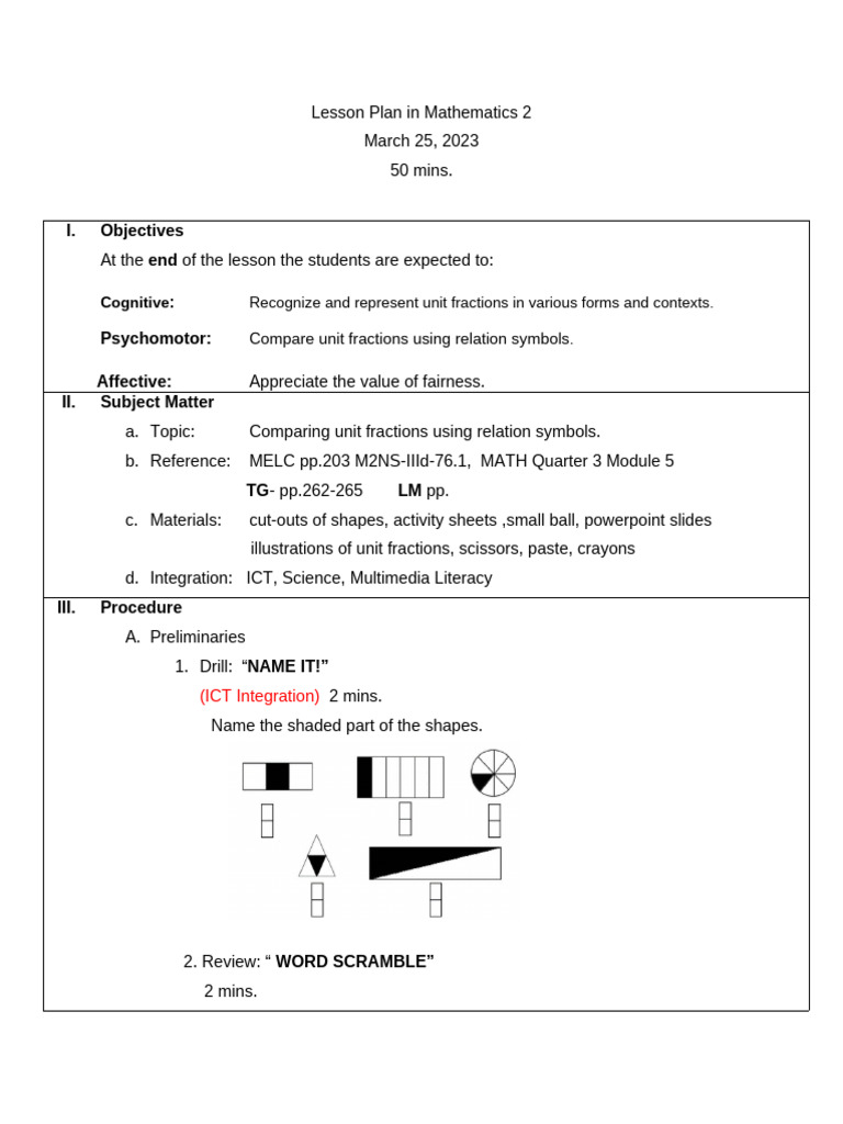 Comparing Unit Fractions Lesson Plan | PDF | Cognition