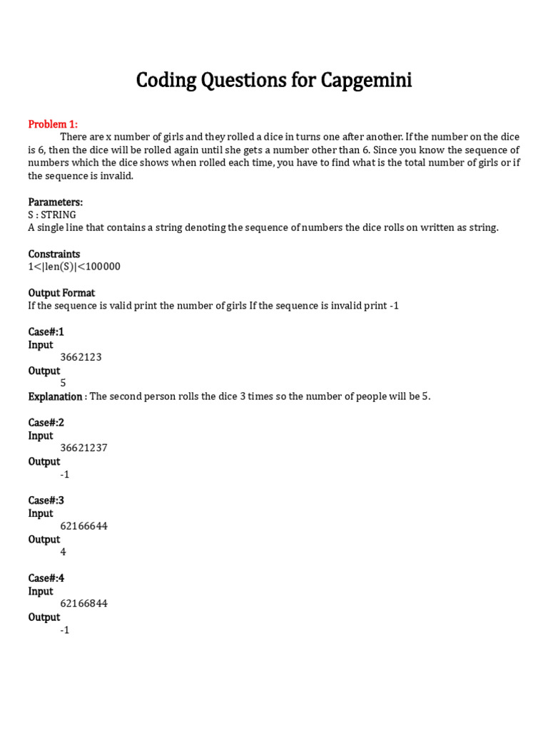 Cap Gemini Coding Questions | PDF | Computer Programming