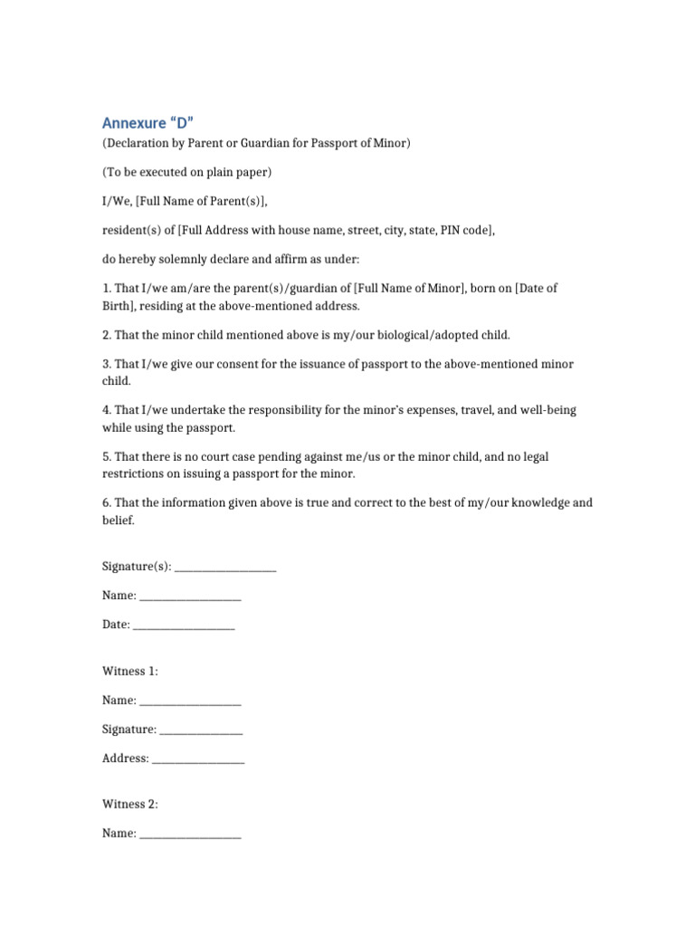 Annexure D for Minor Passport Declaration | PDF