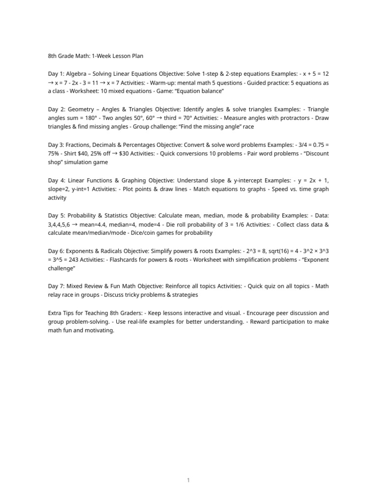 8th Grade Math 1-Week Lesson Plan | PDF