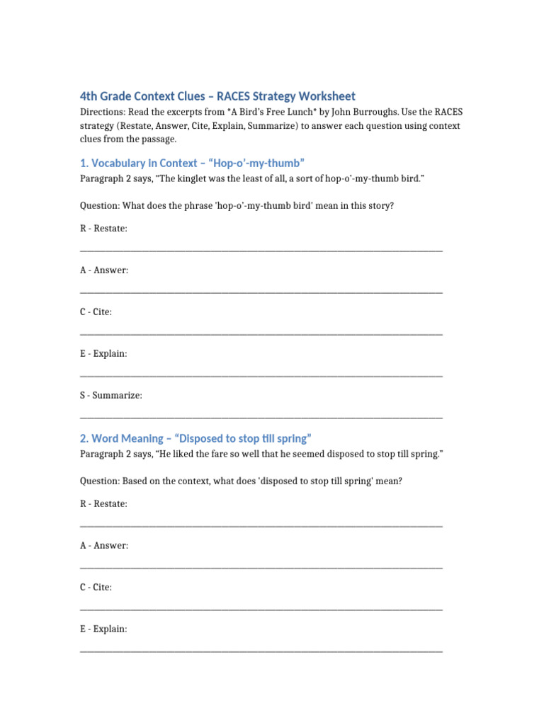 4th Grade RACES Context Clues Worksheet | PDF