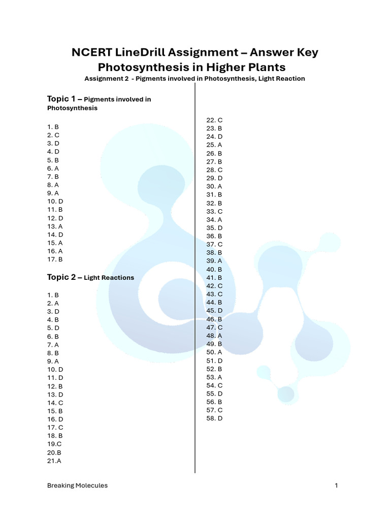 NCERT LineDrill Photosynthesis in Higher Plants 2 Ans Key | PDF ...