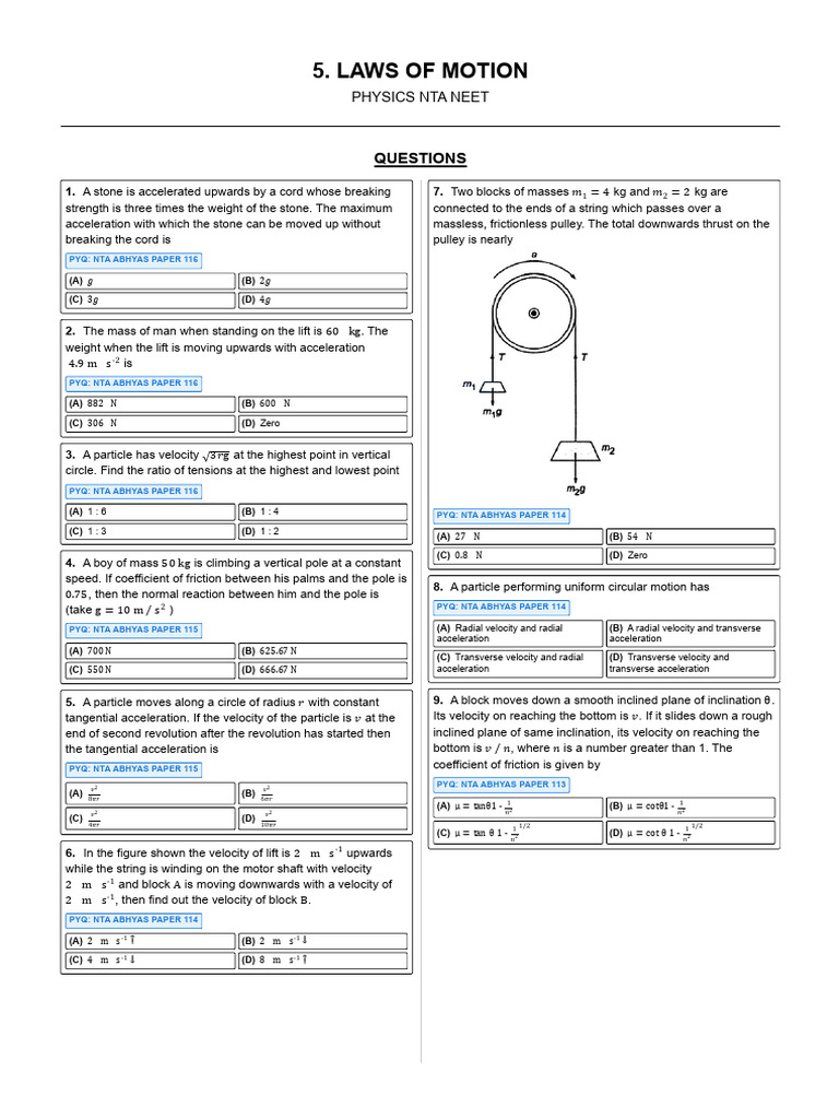 NTA NEET Physics Laws of Motion Questions | PDF | Force | Acceleration
