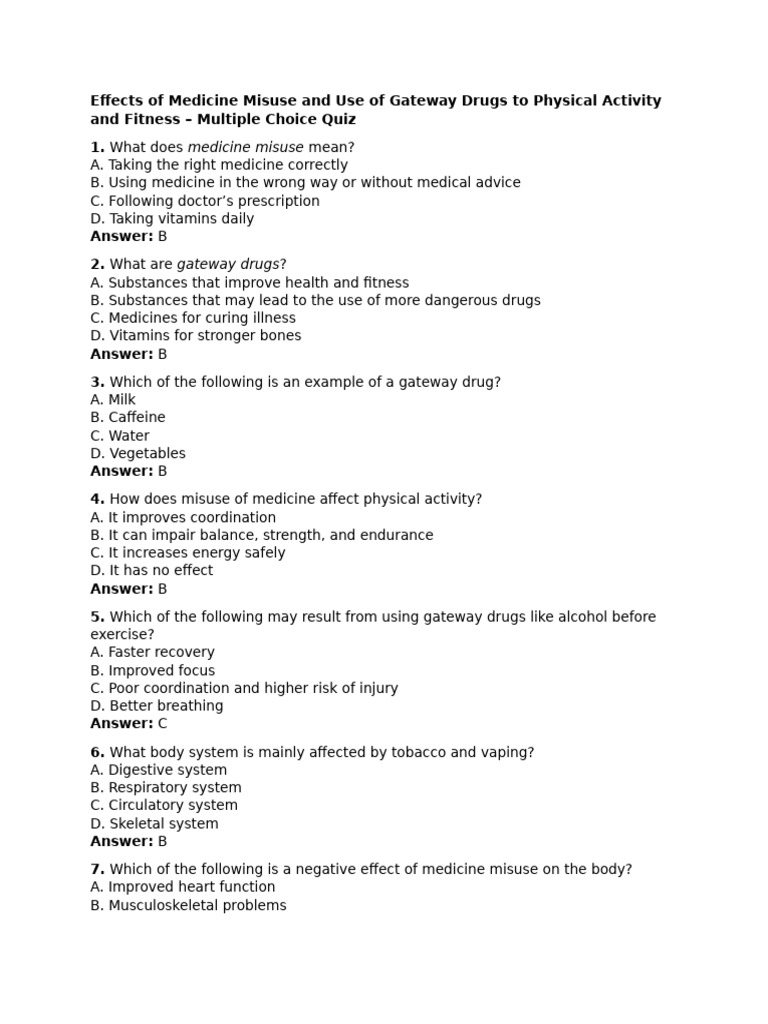 Medicine Misuse and Gateway Drugs Quiz | PDF | Substance Abuse ...