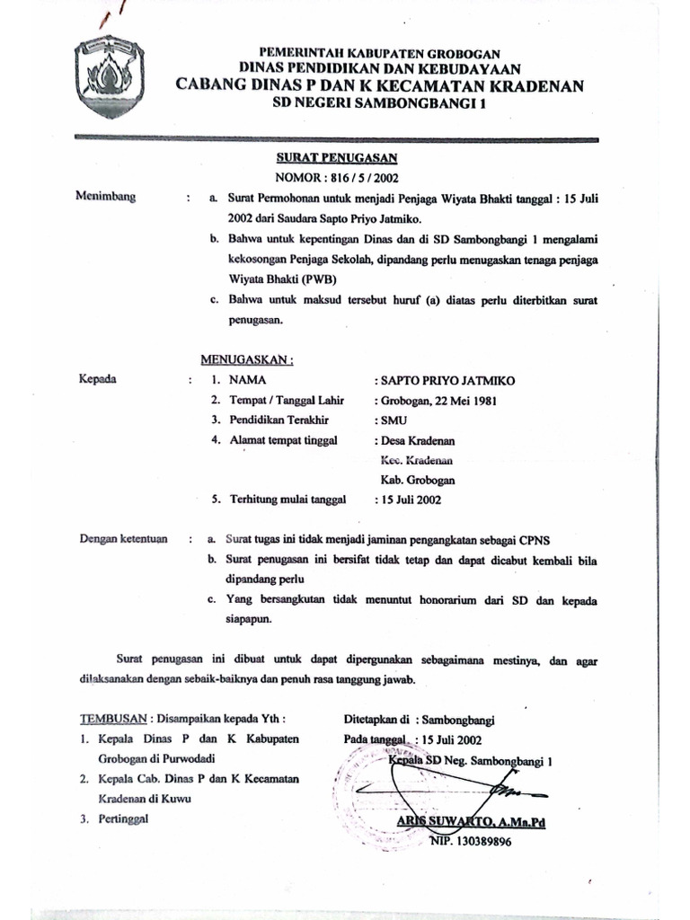 SK Penugasan Sapto Priyo Jatmiko | PDF