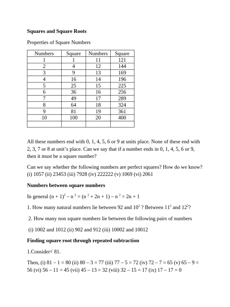 Squares and Square Roots | PDF | Mathematical Objects | Numbers