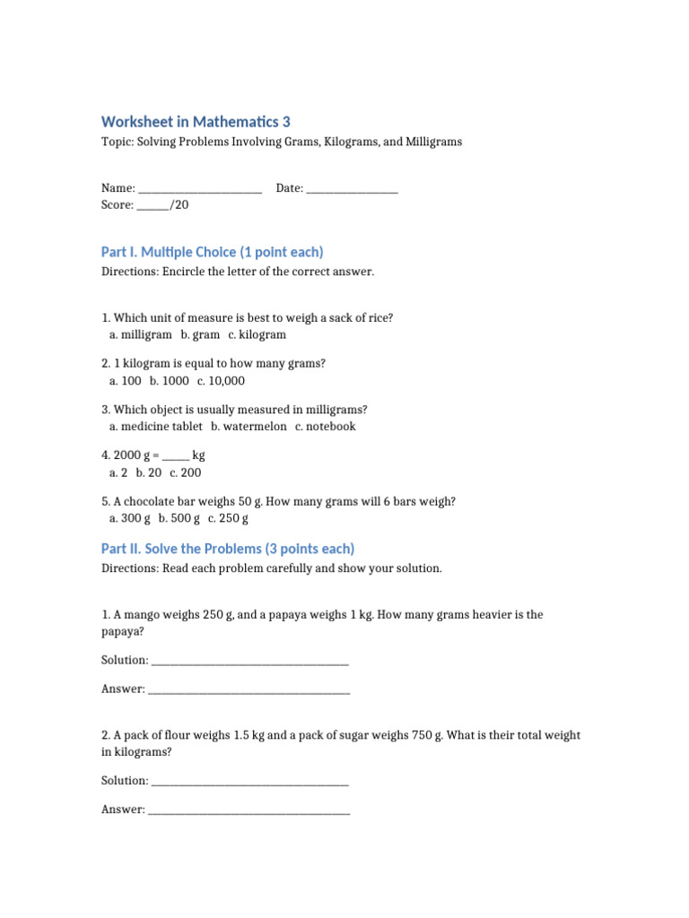 Worksheet Grade3 Mass Grams Kilograms Milligrams | PDF