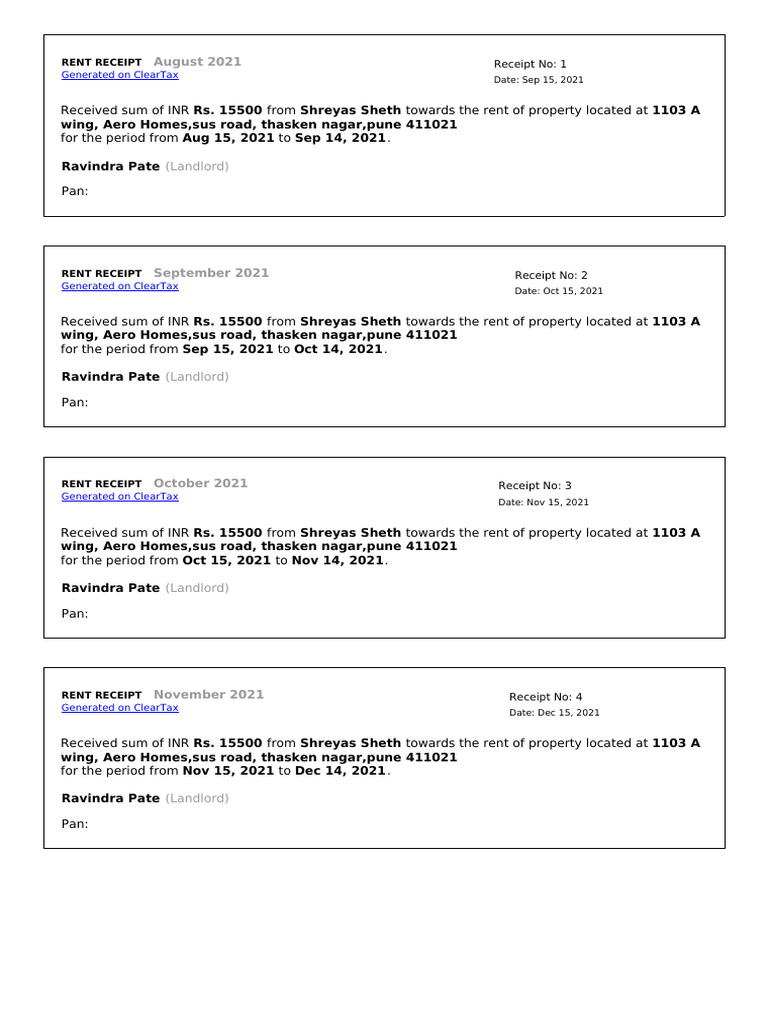 Monthly Rent Receipts for 2021 | PDF