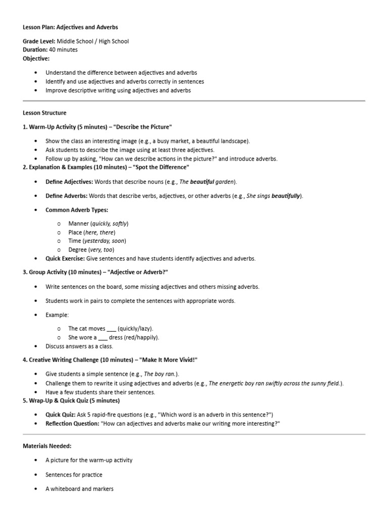 Adverbs and Adjectives Lesson Plan | PDF