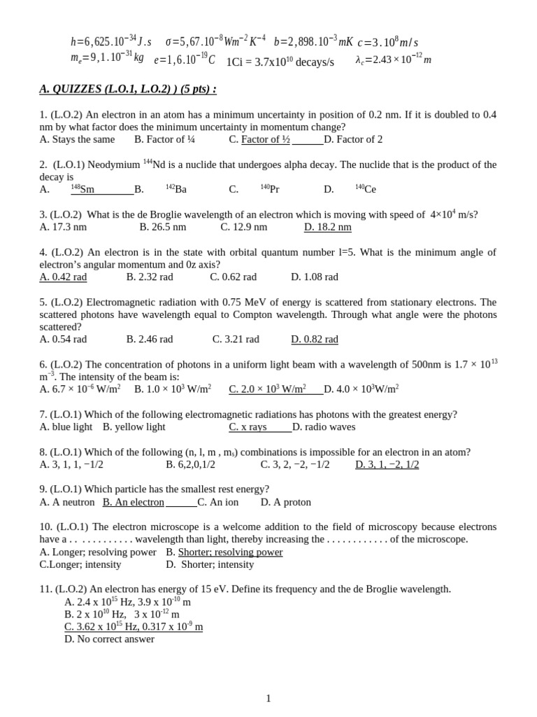 Quantum Mechanics Quiz Questions | PDF | Electron | Light