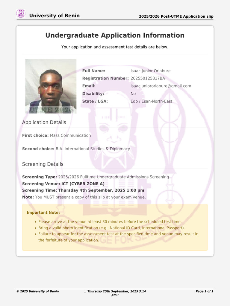 UNIBEN 2025/2026 Post-UTME Application Slip | PDF