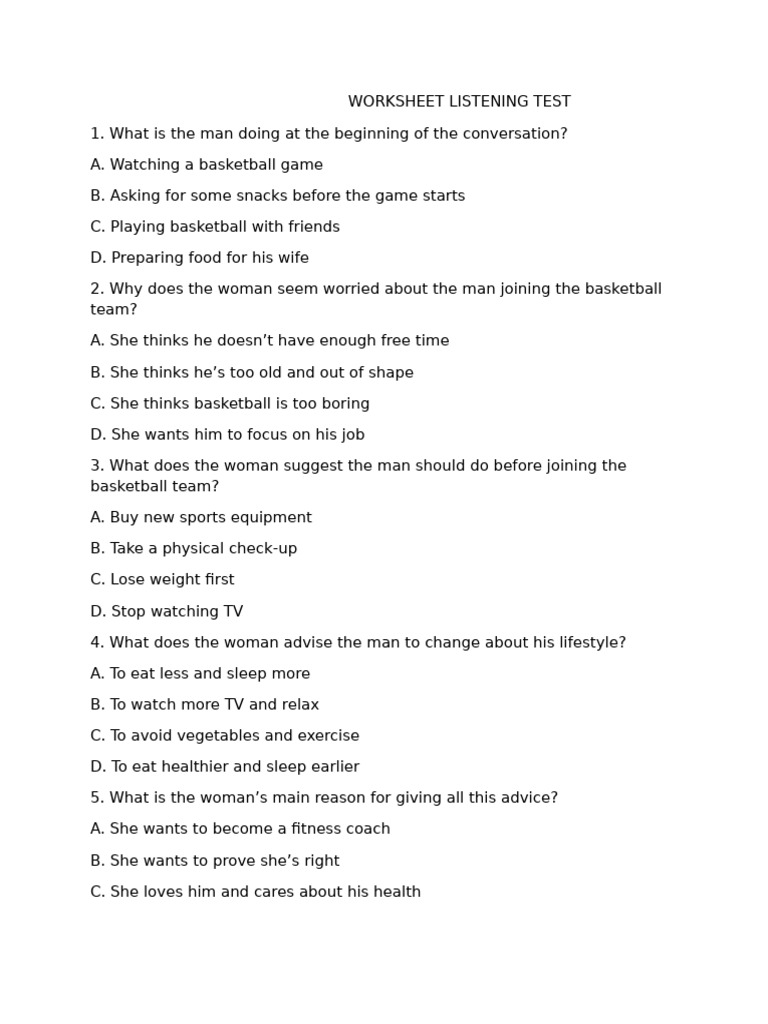 Listening Test Worksheet: Health Advice | PDF