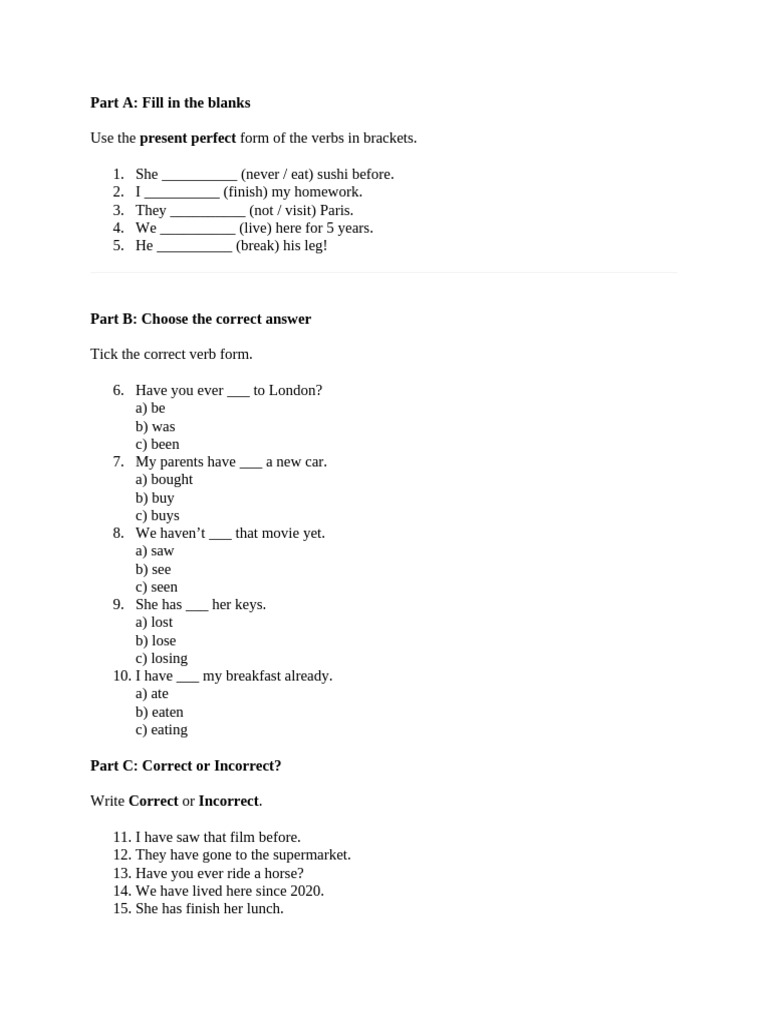 Present Perfect Quiz (A2) | PDF