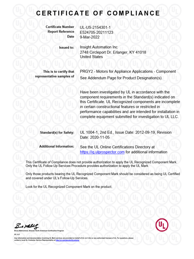 UL US 2154301 1 Ul Certificate of Compliance Senergy Ai Motor Unit | PDF