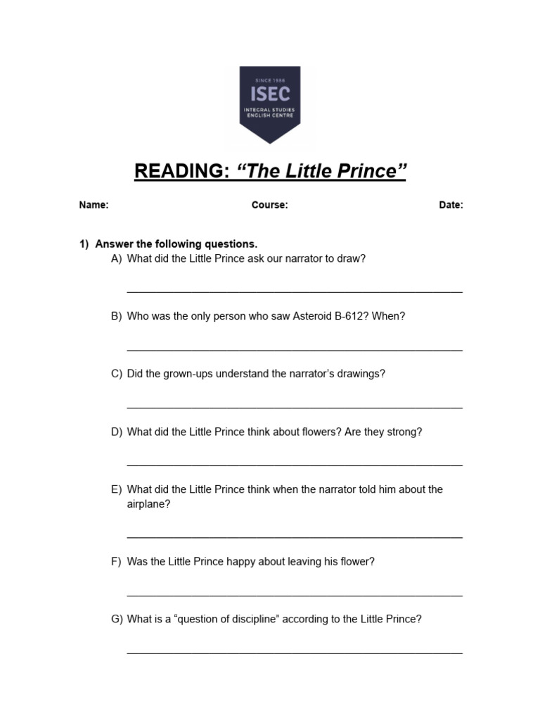 "The Little Prince Reading Comprehension" | PDF | The Little Prince ...
