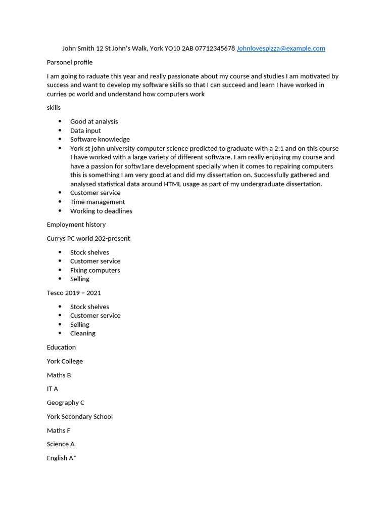 Bad CV Example - For Students To Critique | PDF