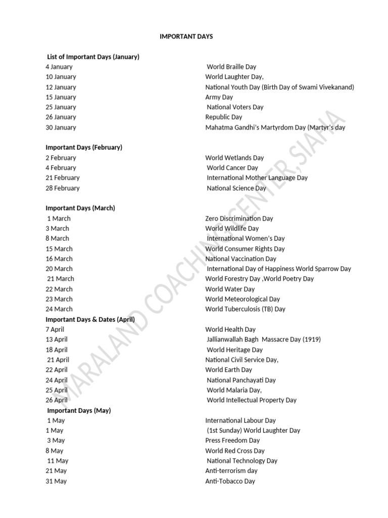 Important Days and Observances Calendar | PDF
