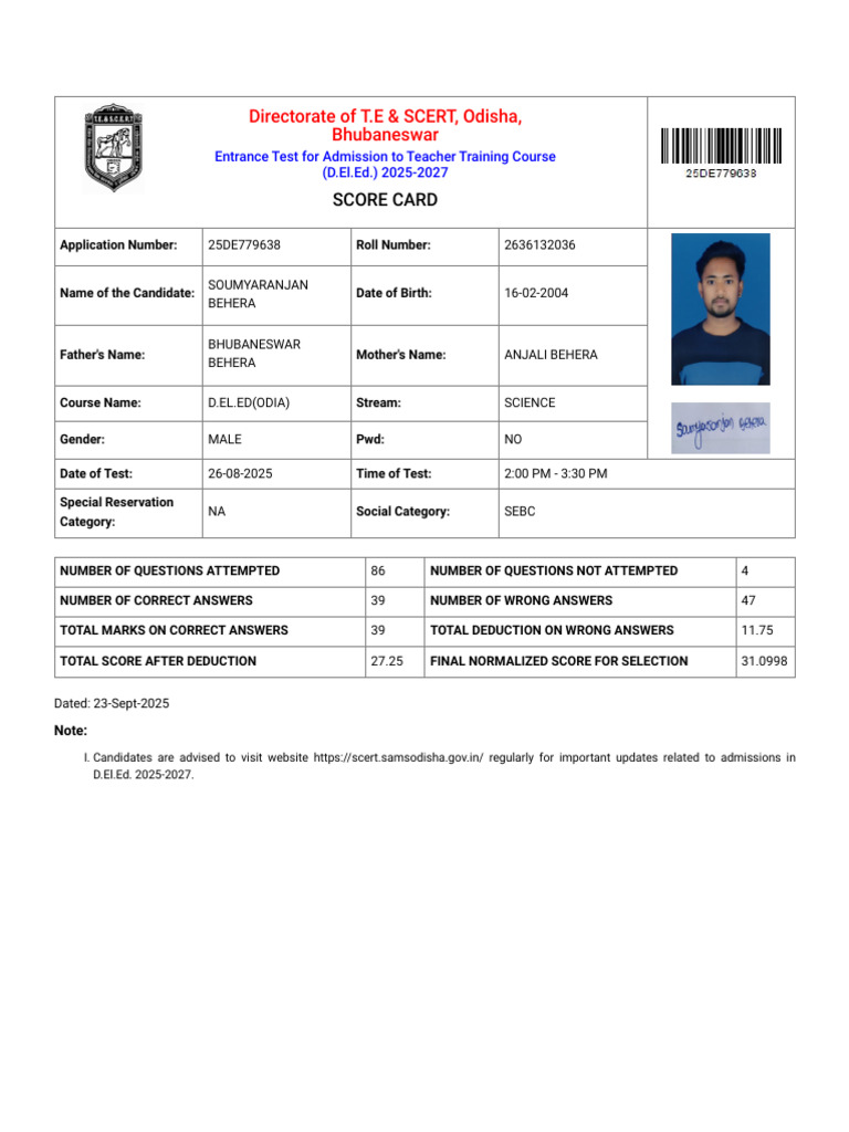 D.El.Ed. 2025-2027 Score Card | PDF