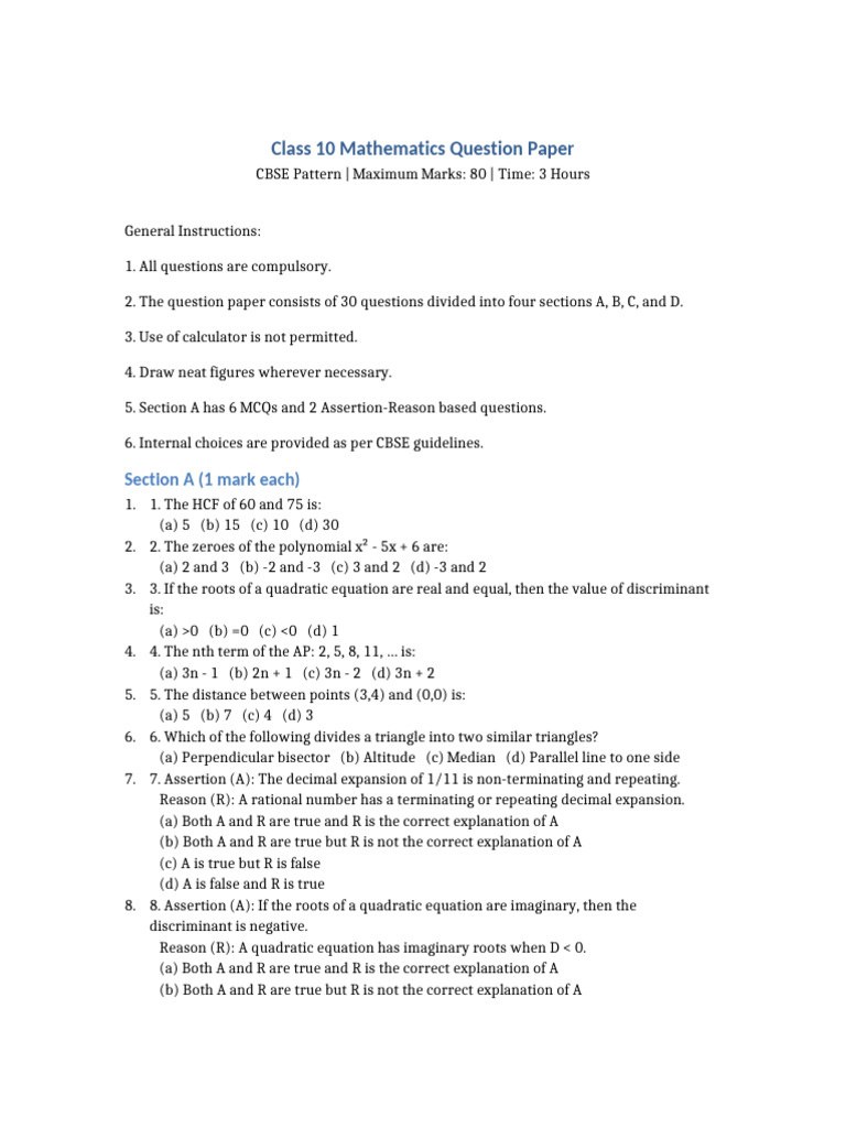 Class 10 Maths CBSE Question Paper With MCQ | PDF | Mathematical Objects | Number Theory