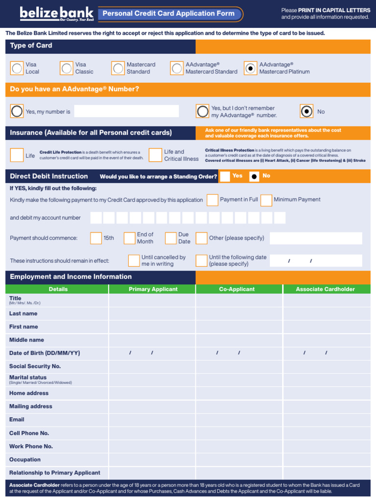 Belize Bank Personal Credit Card Application | PDF | Credit Card ...