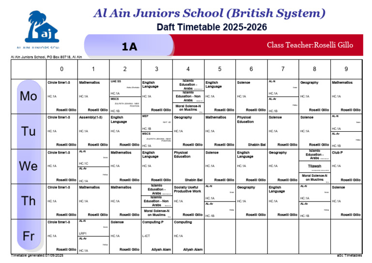 Al Ain Juniors School 2025-2026 Timetable | PDF | Monotheistic ...