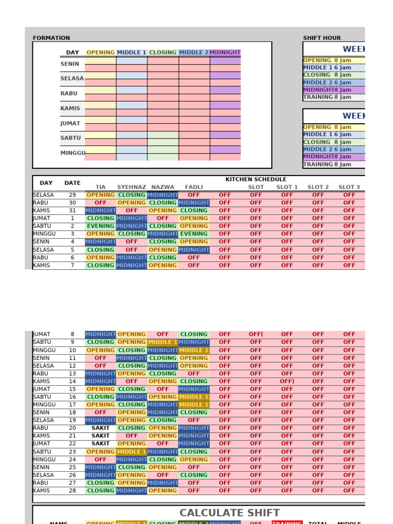 Weekly Kitchen Shift Schedule | PDF | Working Time | Weekly Events