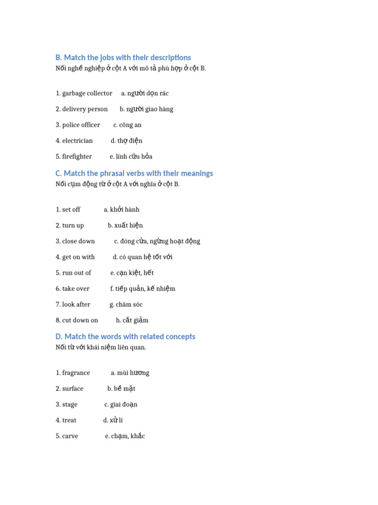 Vocabulary Review Unit1 Matching | PDF