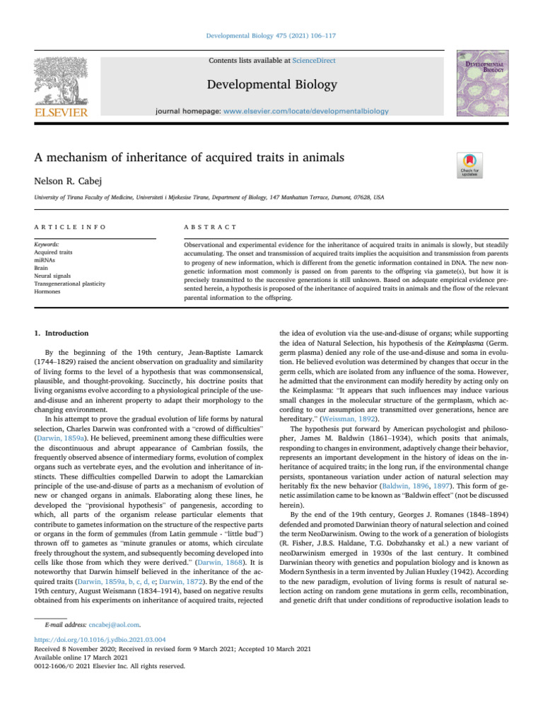 Inheritance of Acquired Traits in Animals | PDF | Epigenetics | Heredity