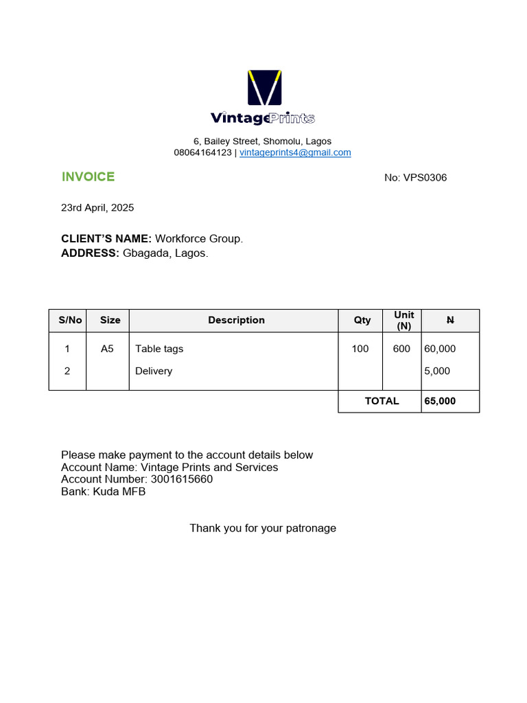 Table Tags Invoice For Workforce | PDF
