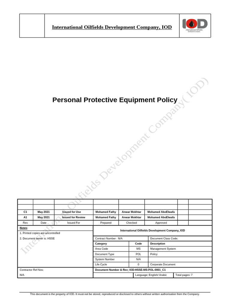 IOD Personal Protective Equipment IOD-HSSE-MS-00020_C1 | PDF