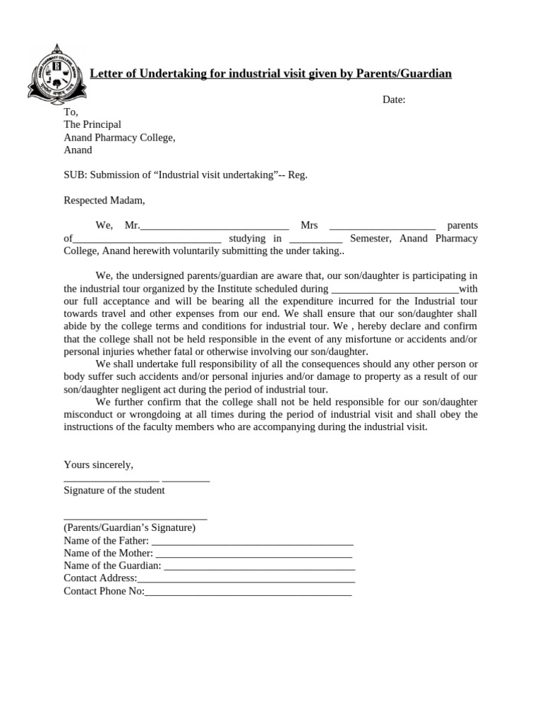 Letter of Undertaking For Industrial Visit Given by Parents | PDF