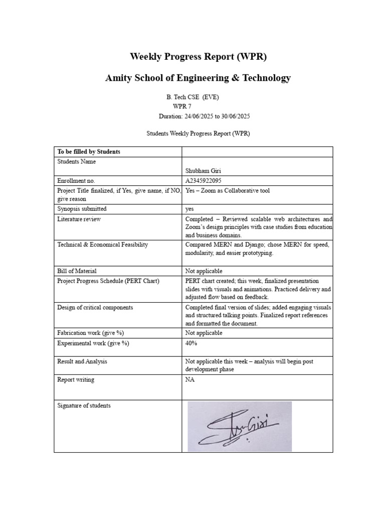 Weekly Progress Report for CSE Project | PDF