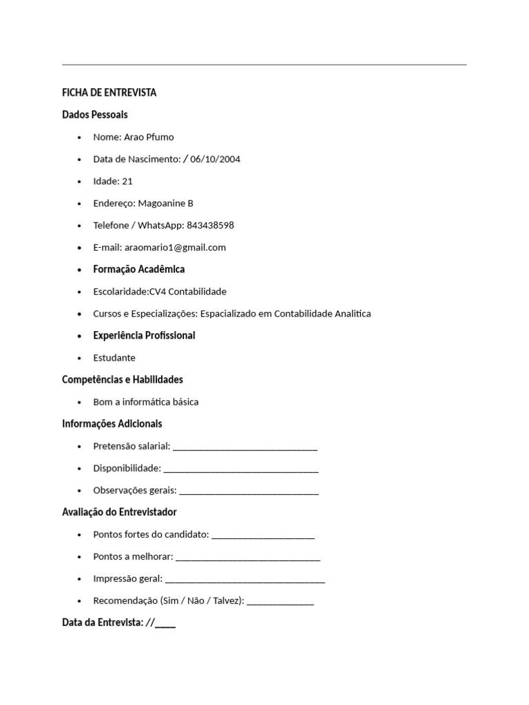 Ficha de Entrevista: Arao Pfumo | PDF