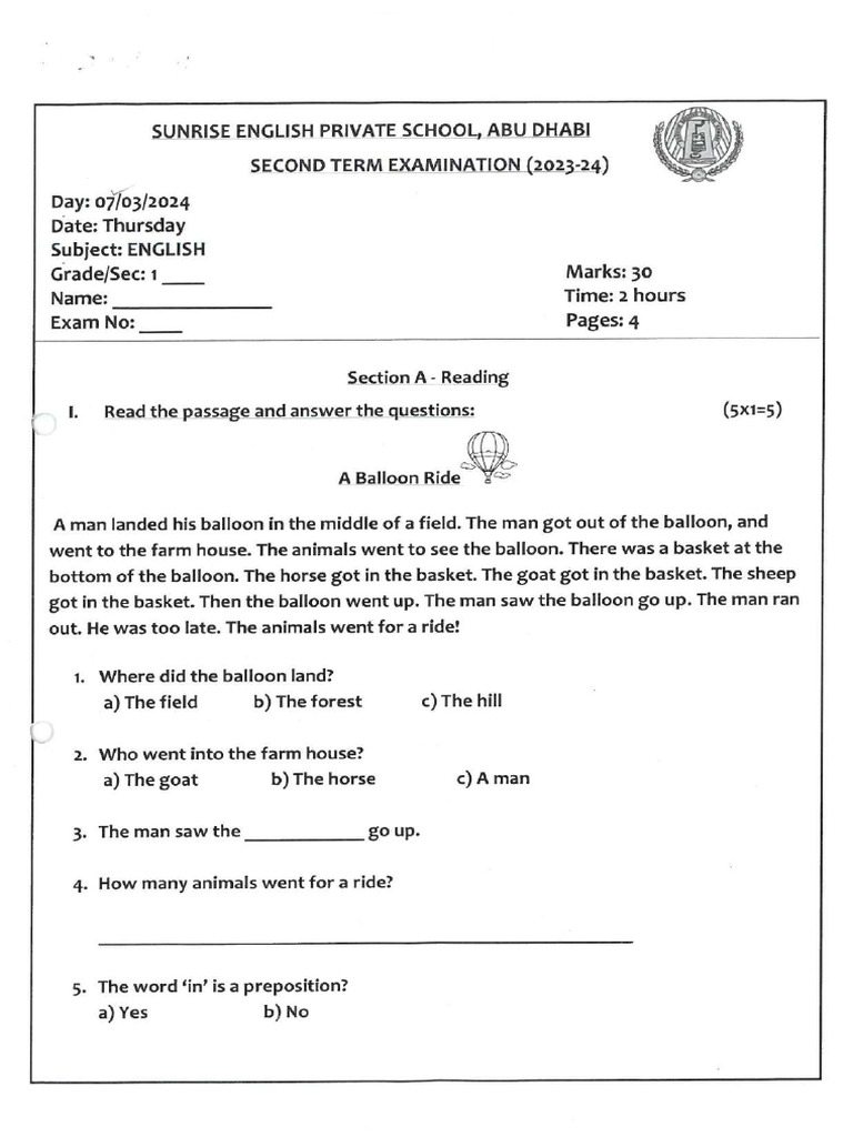 Grade 1 Question Papers | PDF