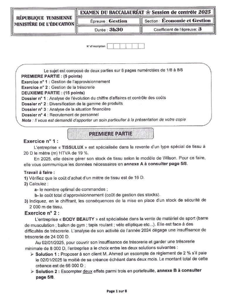 Examen Gestion Bac 2025 Contrôle | PDF