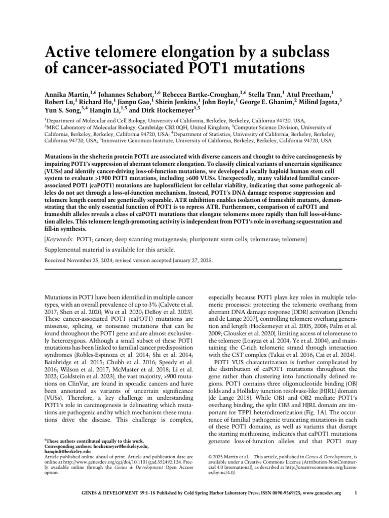 Active Telomere Elongation by A Subclass of Cancer-Associated POT1 ...