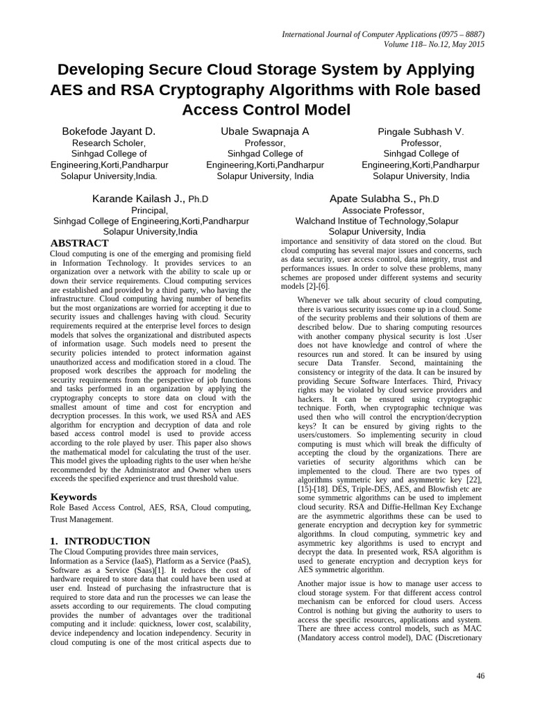 Developing Secure Cloud Storage System by Applying AES and RSA Cryptography Algorithms With Role ...