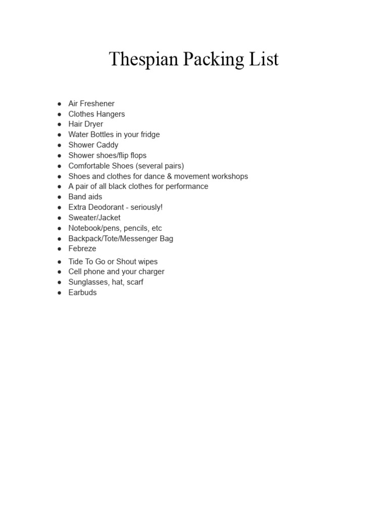 Essential Thespian Packing List | PDF
