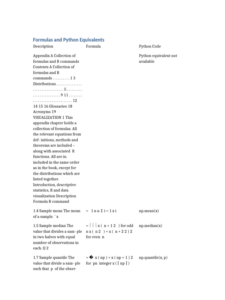 Formulas and Python Equivalents | PDF | Quartile | Quantile