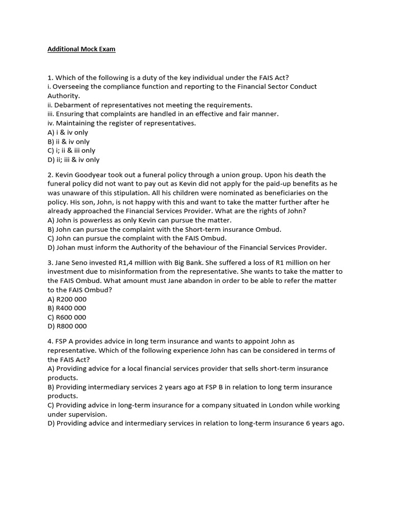 FAIS Act Mock Exam Questions | PDF | Regulatory Compliance | Insurance