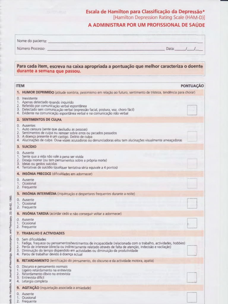 Escala Hamilton para Avaliação de Depressão | PDF | Depressão | Doenças ...