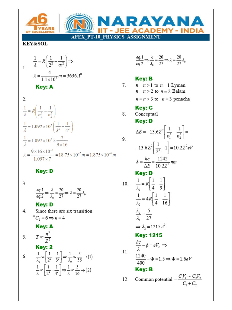 Apex Jeemain 2026 Physics Pt-10 Assignment Key&Sol | PDF | Binding Energy | Electronvolt